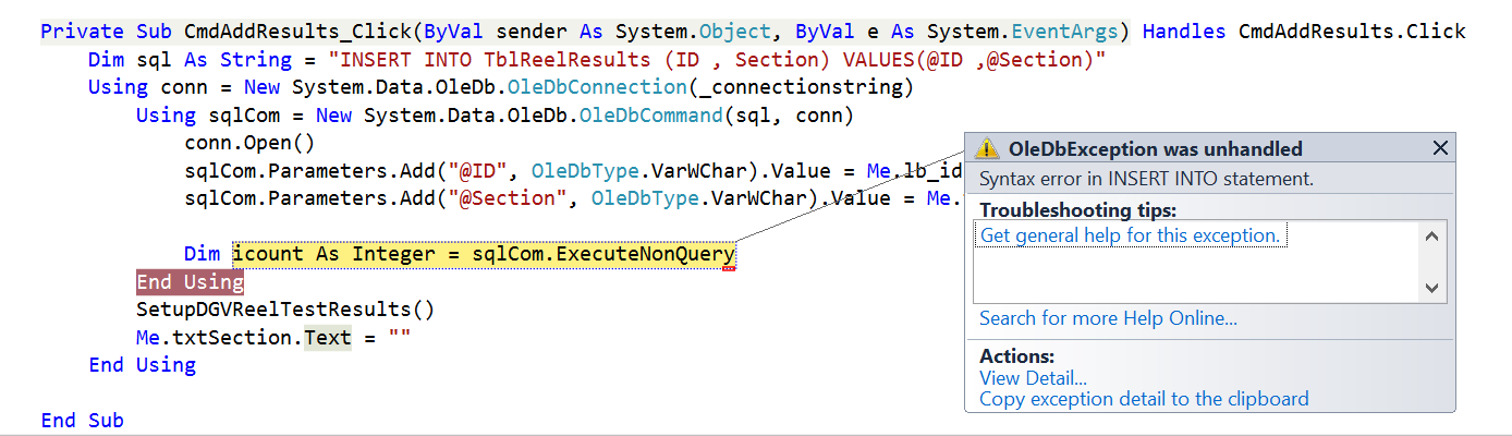 Microsoft access VB NET Insert OLEDB Syntax Error In INSERT 